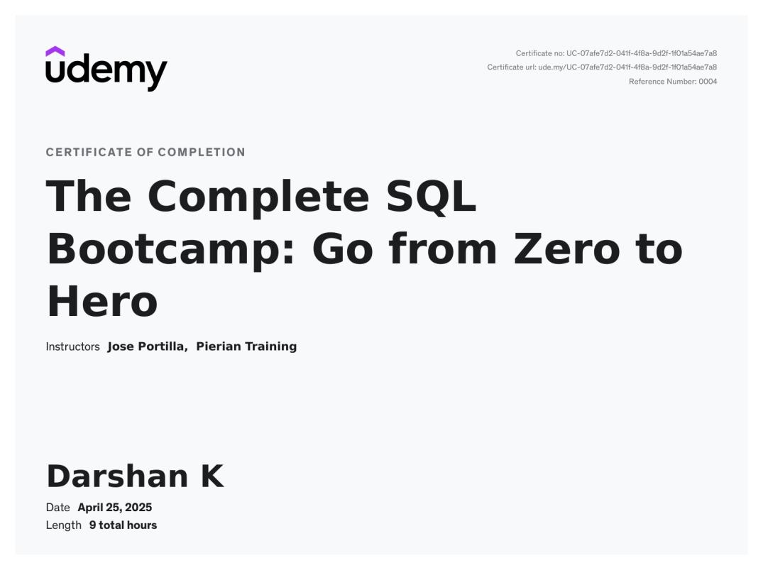 Udemy Course Completion Certificate | Darshan K Udemy Course Completion Certificate | Darshan K