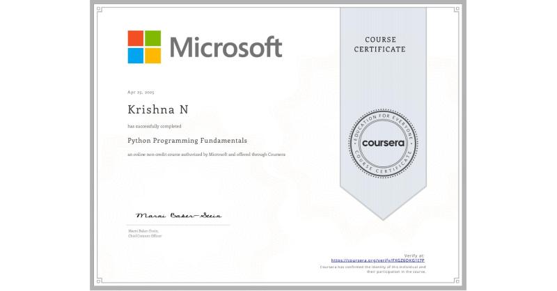 Completion Certificate for Python Programming Fundamentals | N Krishna Completion Certificate for Python Programming Fundamentals | N Krishna