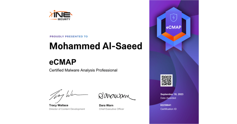Certified Malware Analysis Professional • Mohammed Al-Saeed • INE ... Certified Malware Analysis Professional • Mohammed Al-Saeed • INE ...