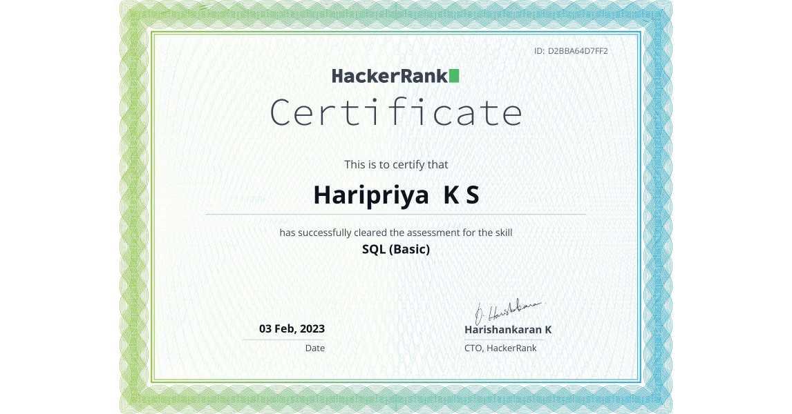 Haripriya K S on LinkedIn: HackerRank Skill Certificate Haripriya K S on LinkedIn: HackerRank Skill Certificate