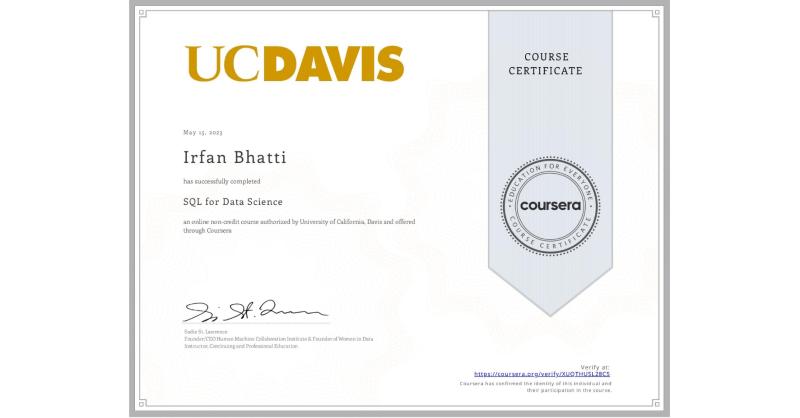 Completion Certificate for SQL for Data Science | Irfan Rashid Bhatti Completion Certificate for SQL for Data Science | Irfan Rashid Bhatti