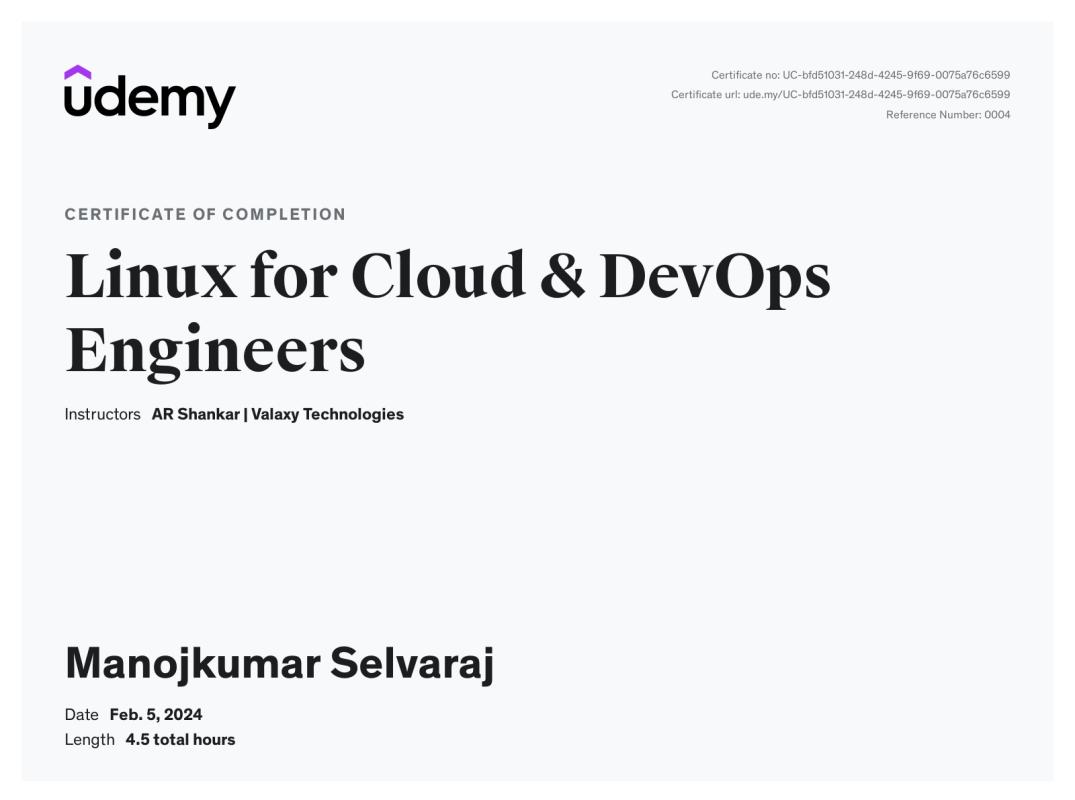 Manojkumar Selvaraj on LinkedIn: Udemy Course Completion Certificate Manojkumar Selvaraj on LinkedIn: Udemy Course Completion Certificate