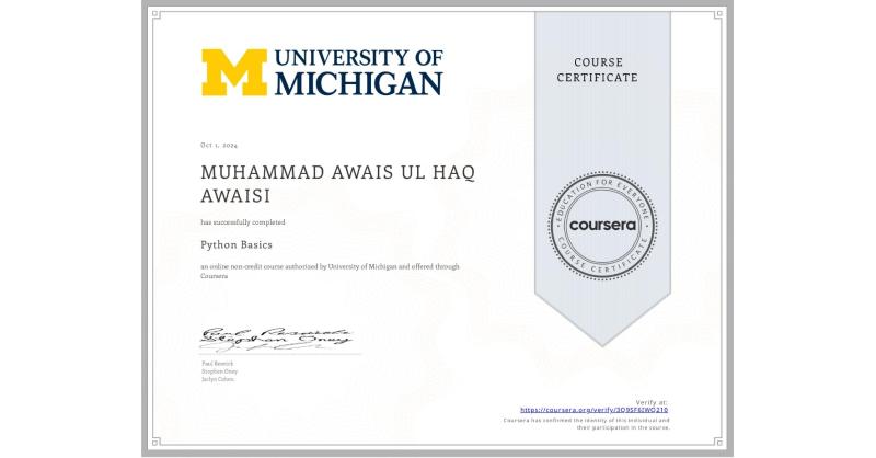 Muhammad Awais Ul Haq on LinkedIn: Completion Certificate for Python Basics Muhammad Awais Ul Haq on LinkedIn: Completion Certificate for Python Basics