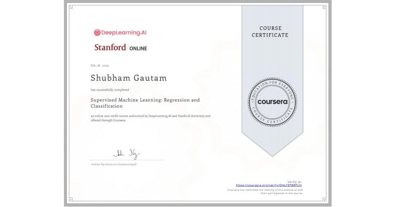 Completion Certificate for Supervised Machine Learning: Regression and ... Completion Certificate for Supervised Machine Learning: Regression and ...