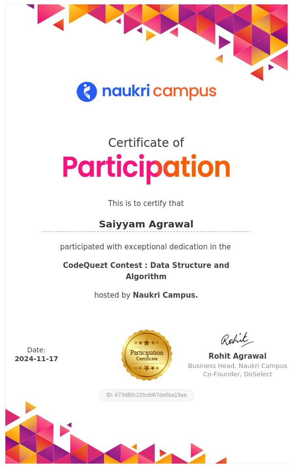 Saiyyam Agrawal on LinkedIn: Certificate of Participation in CodeQuezt ... Saiyyam Agrawal on LinkedIn: Certificate of Participation in CodeQuezt ...