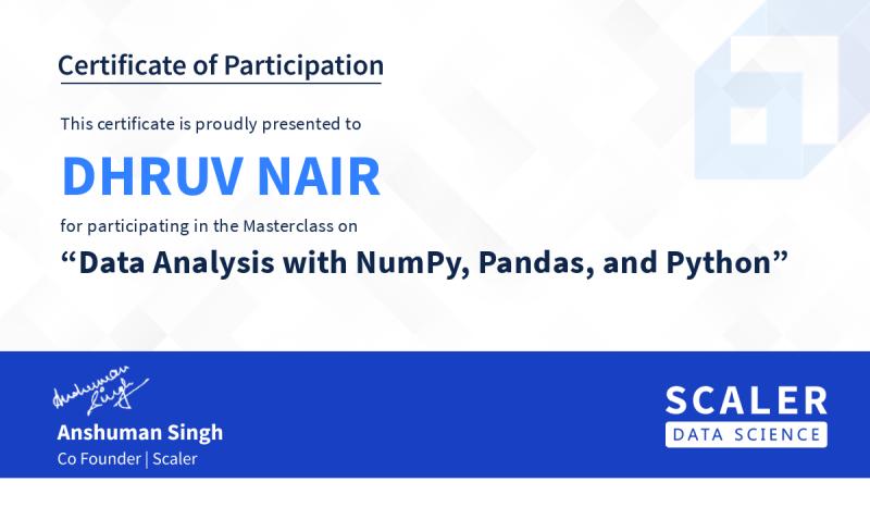 Dhruv Venu Nair on LinkedIn: Certificate | Data Analysis with NumPy ... Dhruv Venu Nair on LinkedIn: Certificate | Data Analysis with NumPy ...