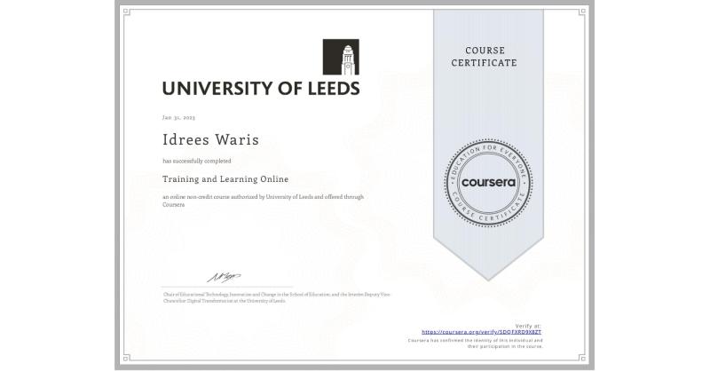 Completion Certificate for Training and Learning Online | Idrees Waris Completion Certificate for Training and Learning Online | Idrees Waris