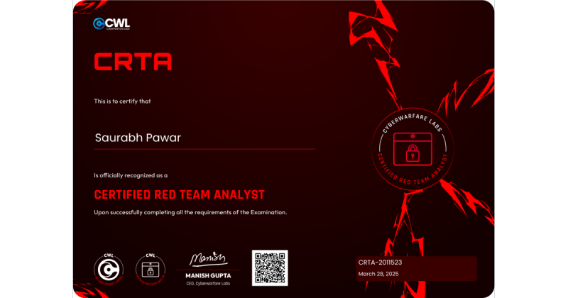 Certified Red Team Analyst • Saurabh Pawar • CWL : Advanced Cyber ... Certified Red Team Analyst • Saurabh Pawar • CWL : Advanced Cyber ...