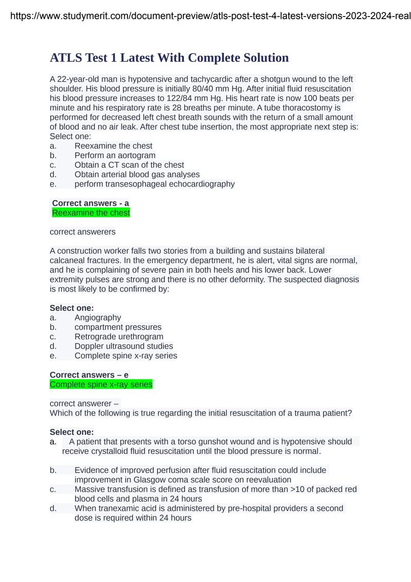ATLS POST TEST 4 LATEST VERSIONS 2023-2024 REAL EXAM 160 QUESTIONS AND ... ATLS POST TEST 4 LATEST VERSIONS 2023-2024 REAL EXAM 160 QUESTIONS AND ...