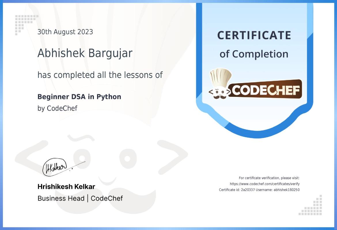 Abhishek Bargujar on LinkedIn: CodeChef Certificate - Abhishek Bargujar Abhishek Bargujar on LinkedIn: CodeChef Certificate - Abhishek Bargujar