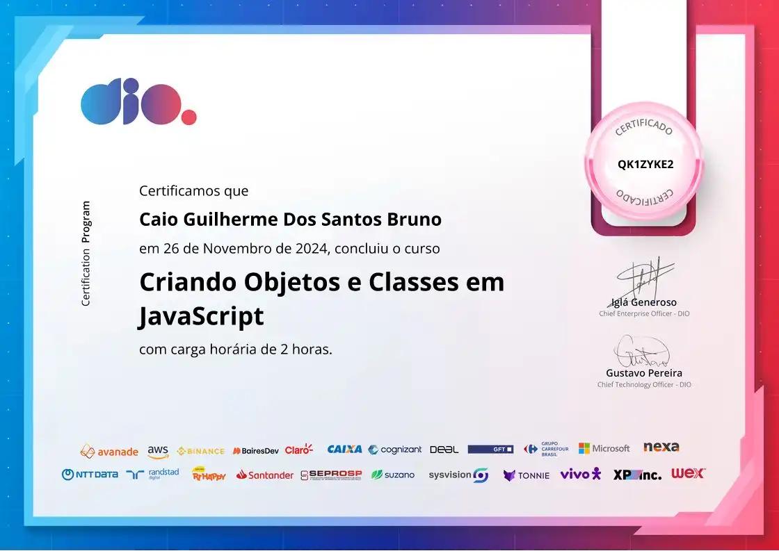 Gostaria de compartilhar outro certificado, Criando Objetos e Classes ... Gostaria de compartilhar outro certificado, Criando Objetos e Classes ...