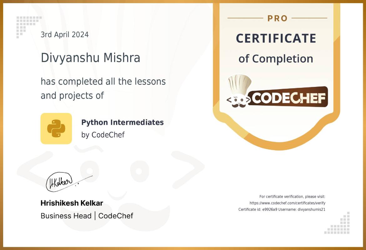 CodeChef Certificate - Divyanshu Mishra | Divyanshu Mishra CodeChef Certificate - Divyanshu Mishra | Divyanshu Mishra