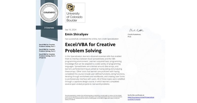 Emin Shiraliyev on LinkedIn: Completion Certificate for Excel/VBA for ... Emin Shiraliyev on LinkedIn: Completion Certificate for Excel/VBA for ...