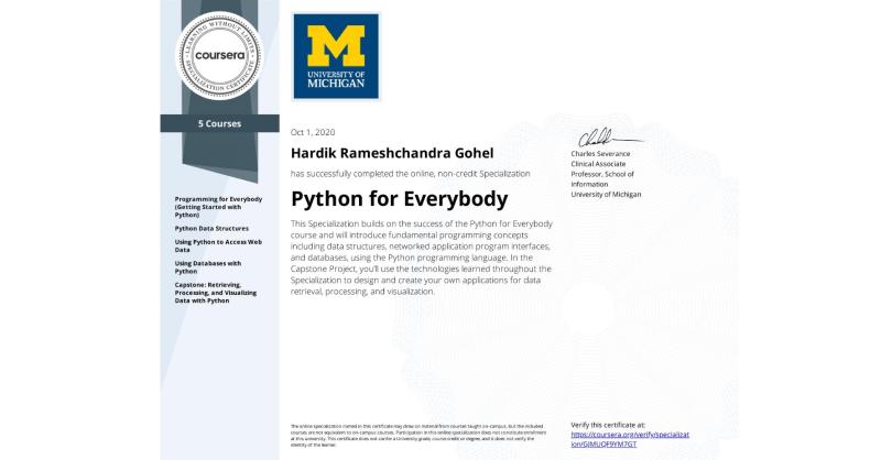 Hardik Gohel on LinkedIn: Completion Certificate for Python for Everybody Hardik Gohel on LinkedIn: Completion Certificate for Python for Everybody