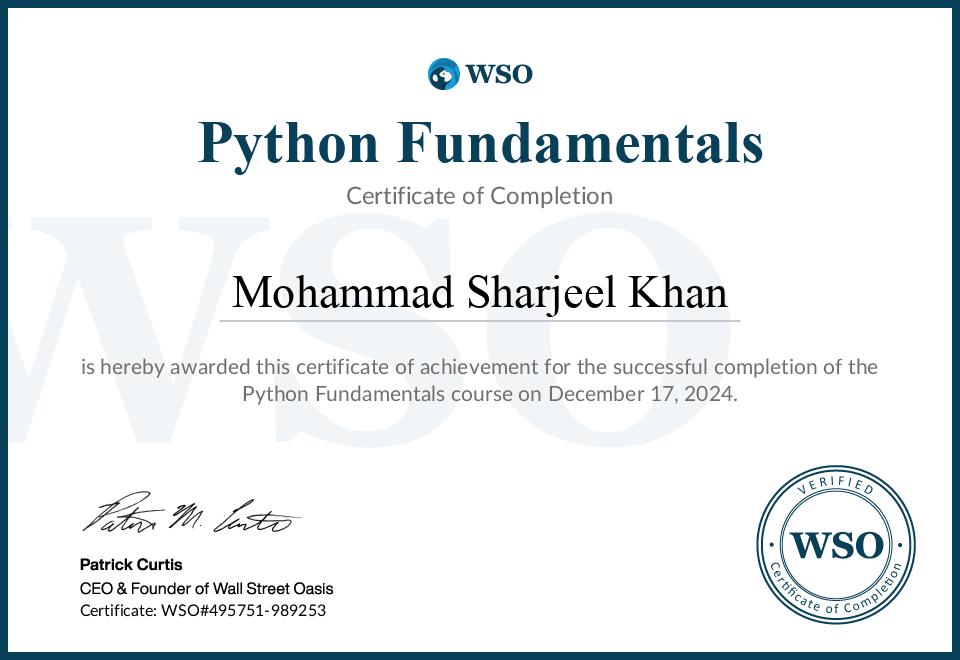 Mohammad Sharjeel Khan on LinkedIn: Certificate of Completion - Python ... Mohammad Sharjeel Khan on LinkedIn: Certificate of Completion - Python ...
