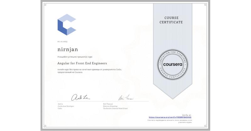 Completion Certificate for Angular for Front End Engineers | Nirnjan Patel Completion Certificate for Angular for Front End Engineers | Nirnjan Patel
