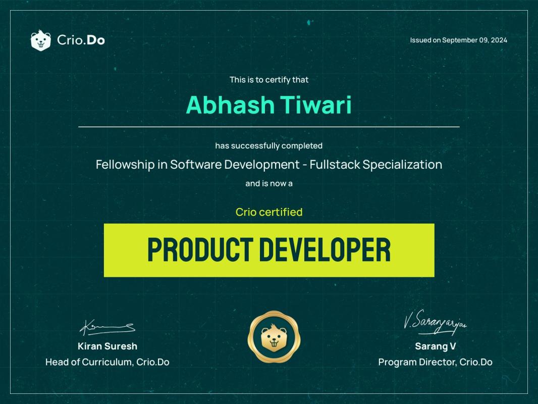 Abhash Tiwari on LinkedIn: Crio.Do Certificate Abhash Tiwari on LinkedIn: Crio.Do Certificate