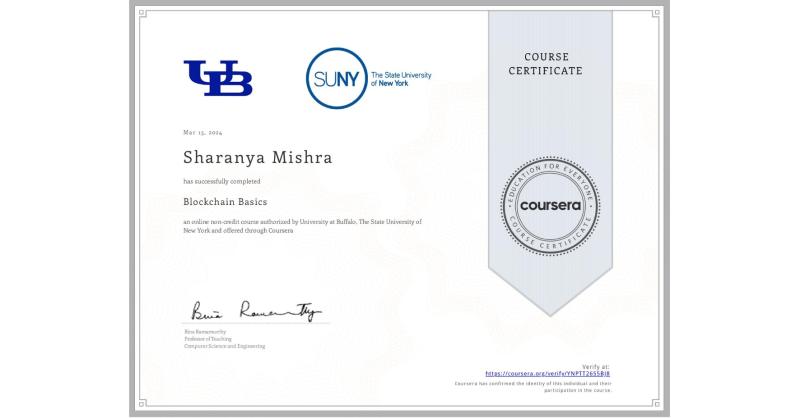 Sharanya . on LinkedIn: Completion Certificate for Blockchain Basics Sharanya . on LinkedIn: Completion Certificate for Blockchain Basics