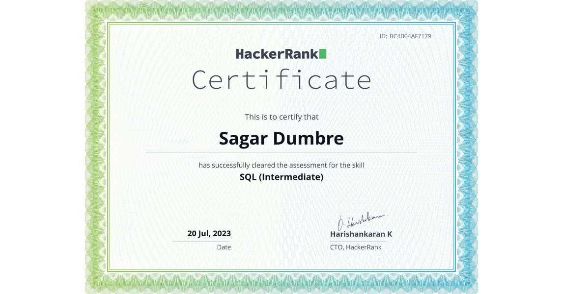 Sagar Dumbre on LinkedIn: HackerRank Skill Certificate Sagar Dumbre on LinkedIn: HackerRank Skill Certificate