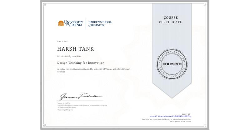 Harsh Tank on LinkedIn: Completion Certificate for Design Thinking for ... Harsh Tank on LinkedIn: Completion Certificate for Design Thinking for ...