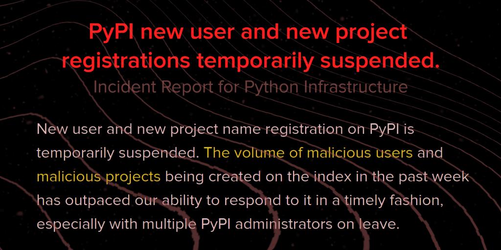 Ken Lavoie on LinkedIn: PyPi on Hold: Suspends New Users’ and Projects ... Ken Lavoie on LinkedIn: PyPi on Hold: Suspends New Users’ and Projects ...