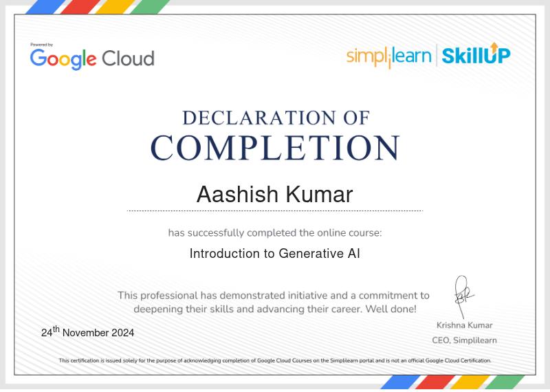 Aashish Kumar has successfully completed the online course Introduction ... Aashish Kumar has successfully completed the online course Introduction ...