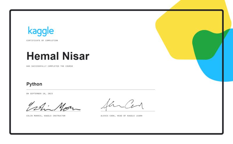 Hemal Nisar on LinkedIn: Hemal Nisar completed the Python course on Kaggle! Hemal Nisar on LinkedIn: Hemal Nisar completed the Python course on Kaggle!