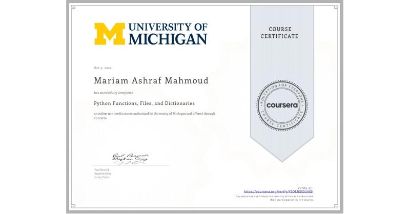 Mariam Ashraf on LinkedIn: Completion Certificate for Python Functions ... Mariam Ashraf on LinkedIn: Completion Certificate for Python Functions ...