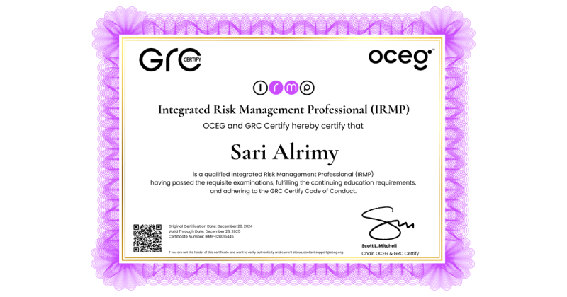 Integrated Risk Management Professional • Sari Alrimy • GRC Certify ... Integrated Risk Management Professional • Sari Alrimy • GRC Certify ...