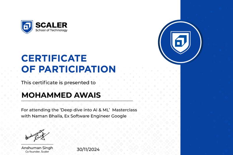 Certificate | Deep Dive Into AI & ML | Mohammed Awais Certificate | Deep Dive Into AI & ML | Mohammed Awais