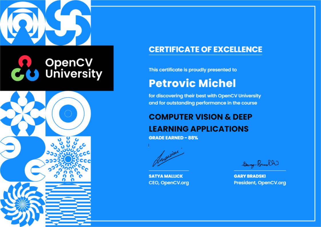 OpenCV DLAP Certificate | OpenCV | Michel Petrovic OpenCV DLAP Certificate | OpenCV | Michel Petrovic