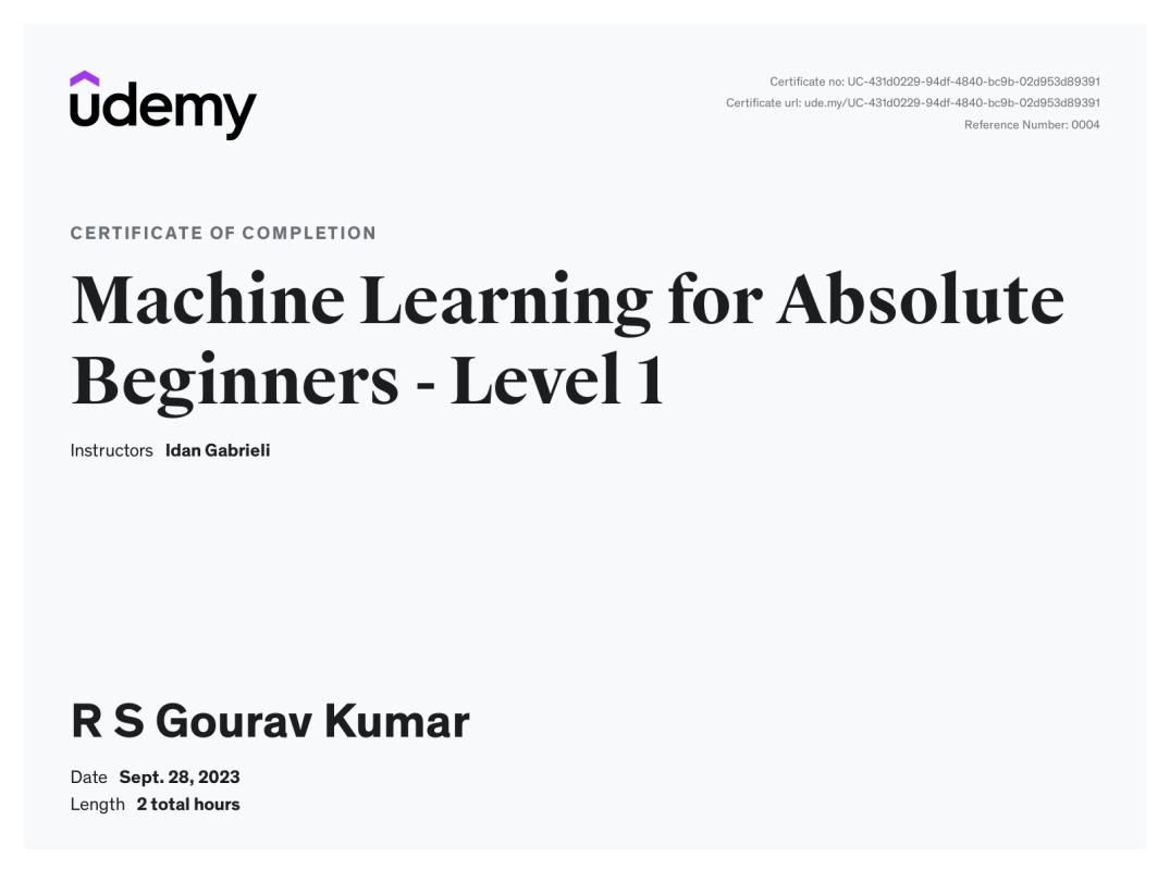 Udemy Course Completion Certificate | R S Gourav Kumar Udemy Course Completion Certificate | R S Gourav Kumar