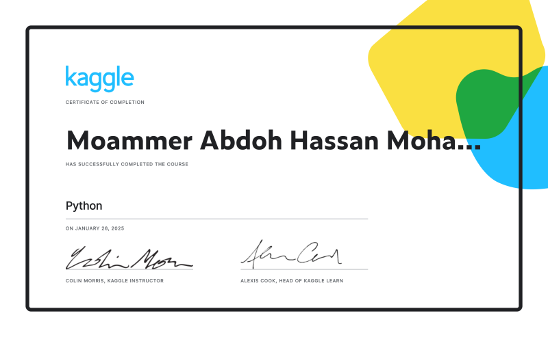 Moammar Mohammed completed the Python course on Kaggle! | Moammer Mohammed Moammar Mohammed completed the Python course on Kaggle! | Moammer Mohammed