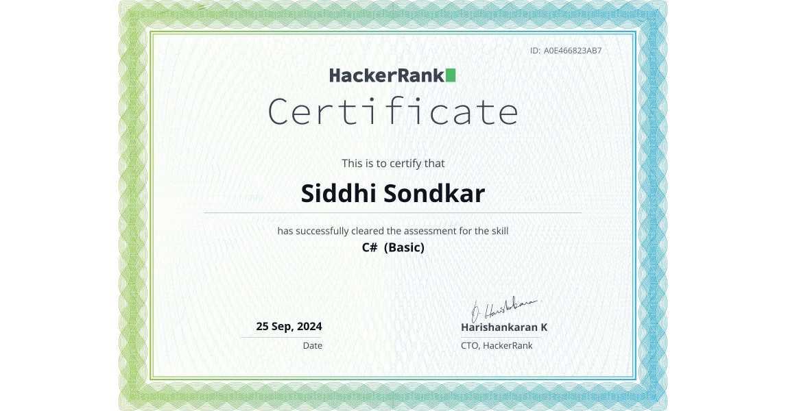 Siddhi Sondkar on LinkedIn: HackerRank Skill Certificate Siddhi Sondkar on LinkedIn: HackerRank Skill Certificate