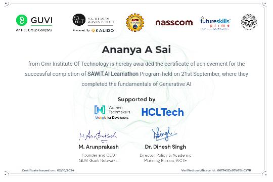 Ananya A Sai on LinkedIn: GUVI Certificate Ananya A Sai on LinkedIn: GUVI Certificate