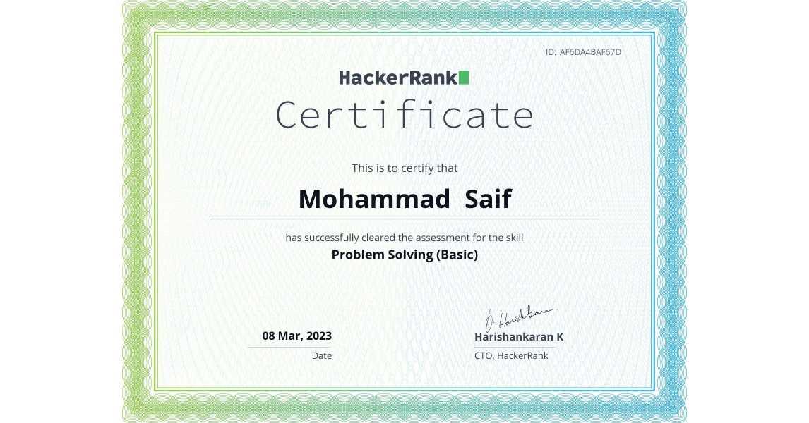 Mohammad Saif on LinkedIn: HackerRank Skill Certificate Mohammad Saif on LinkedIn: HackerRank Skill Certificate