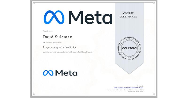 Completion Certificate for Programming with JavaScript | Daud Suleman Completion Certificate for Programming with JavaScript | Daud Suleman