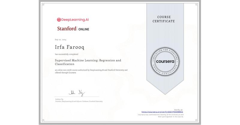 Irfa Farooq on LinkedIn: Completion Certificate for Supervised Machine ... Irfa Farooq on LinkedIn: Completion Certificate for Supervised Machine ...