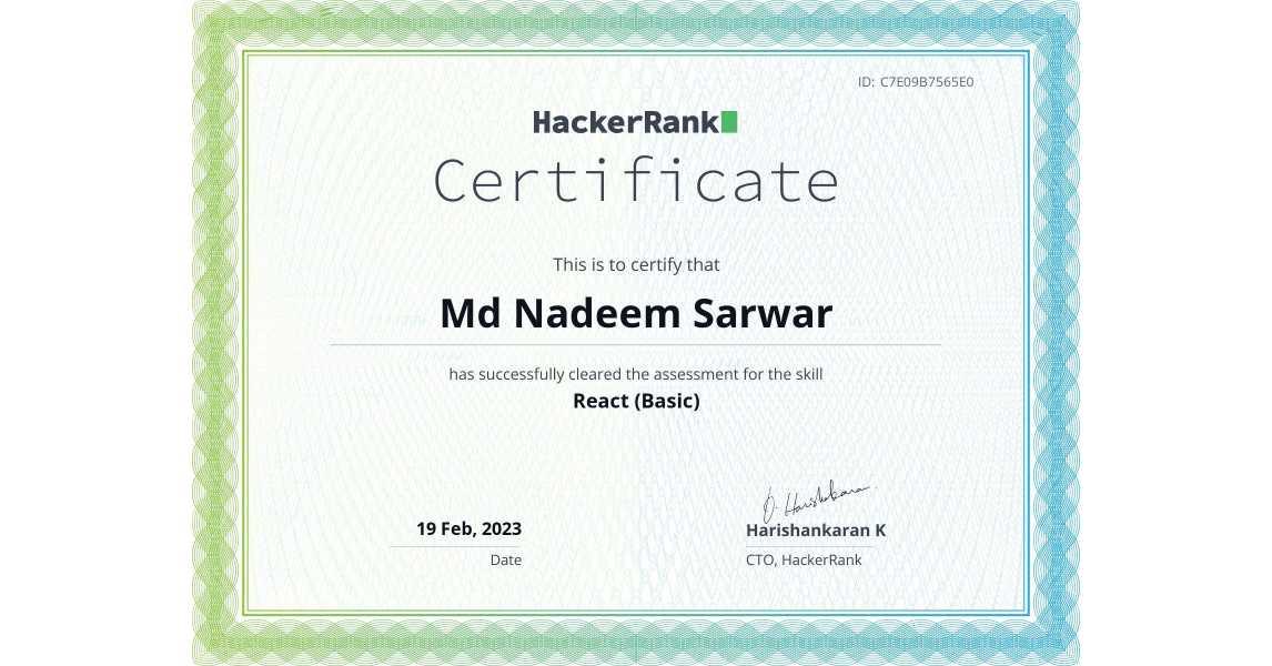 HackerRank Skill Certificate | Md Nadeem Sarwar HackerRank Skill Certificate | Md Nadeem Sarwar
