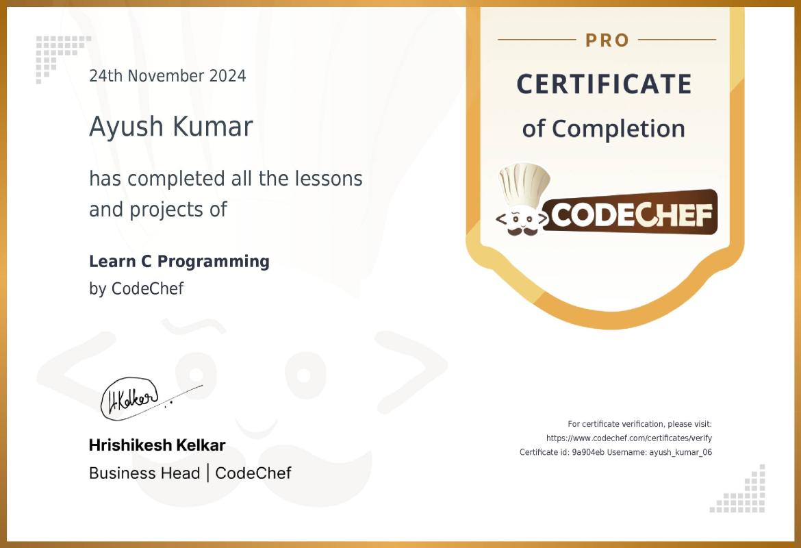 Ayush Kumar on LinkedIn: CodeChef Certificate - Ayush Kumar Ayush Kumar on LinkedIn: CodeChef Certificate - Ayush Kumar