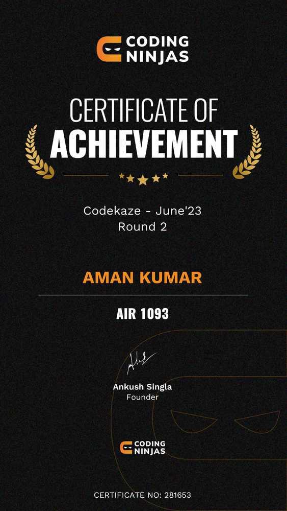 Aman Kumar on LinkedIn: Codingninjas | Achievement Aman Kumar on LinkedIn: Codingninjas | Achievement