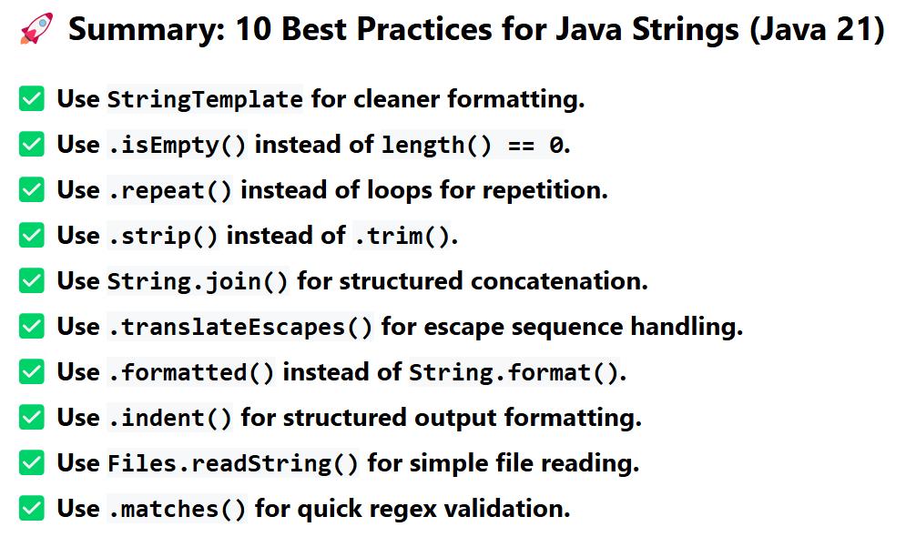 Top 10 Best Practices for Java Strings (Updated for Java 21 LTS ... Top 10 Best Practices for Java Strings (Updated for Java 21 LTS ...