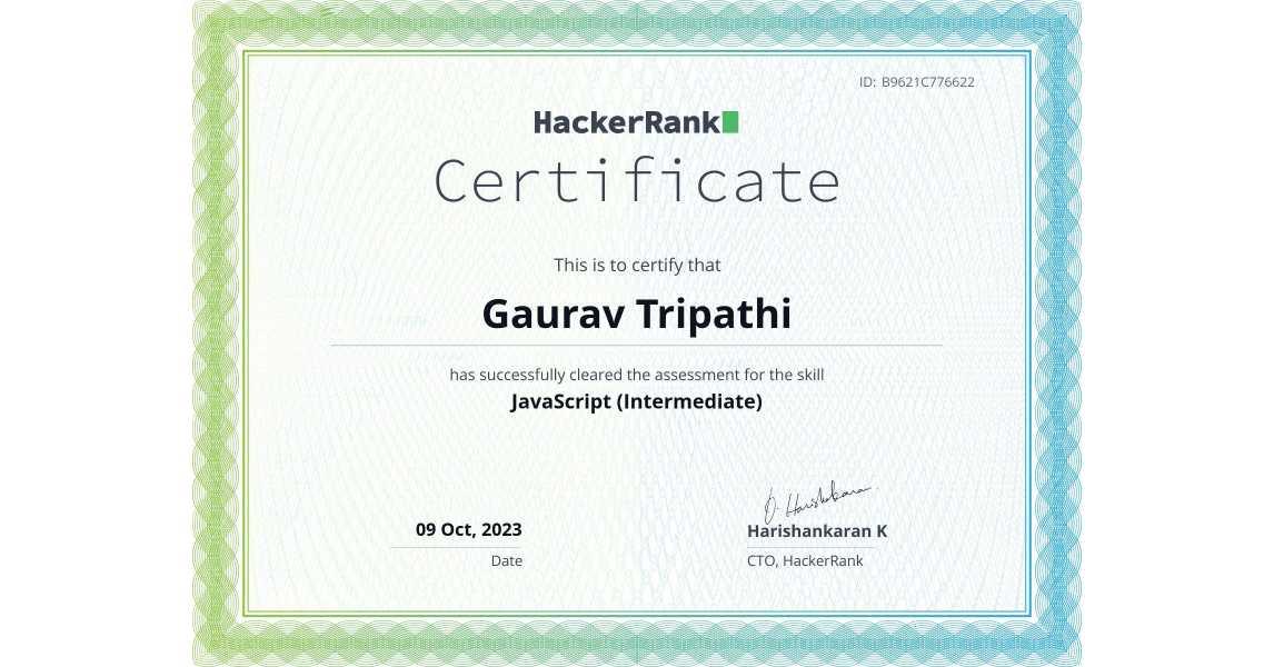 Gaurav Tripathi on LinkedIn: HackerRank Skill Certificate Gaurav Tripathi on LinkedIn: HackerRank Skill Certificate
