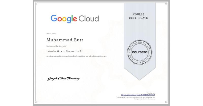Completion Certificate for Introduction to Generative AI | Muhammad ... Completion Certificate for Introduction to Generative AI | Muhammad ...