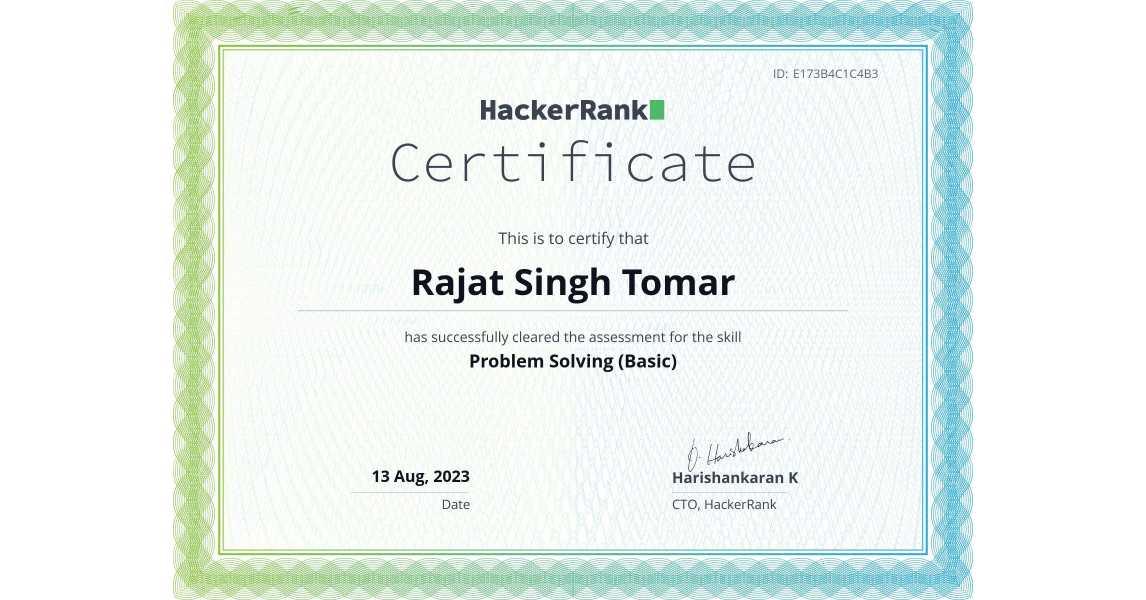 Rajat Singh Tomar on LinkedIn: HackerRank Skill Certificate Rajat Singh Tomar on LinkedIn: HackerRank Skill Certificate
