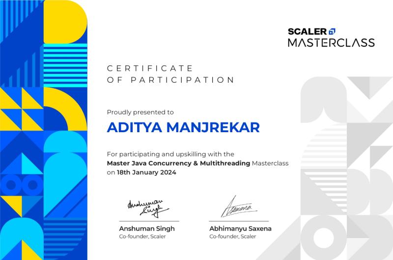 Aditya Manjarekar on LinkedIn: Certificate | Master Java Concurrency ... Aditya Manjarekar on LinkedIn: Certificate | Master Java Concurrency ...