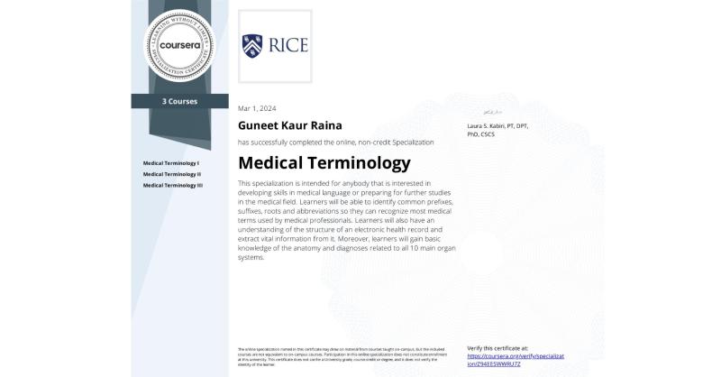 Completion Certificate for Medical Terminology | Guneet Raina Completion Certificate for Medical Terminology | Guneet Raina