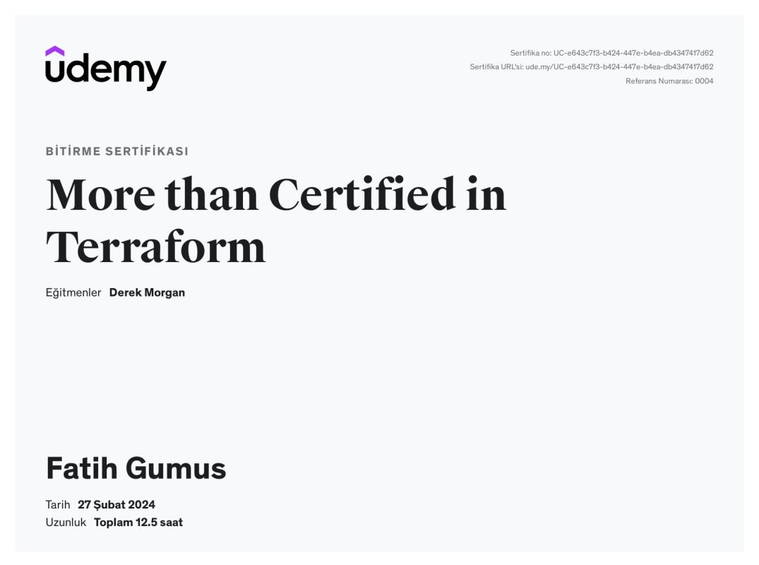 Completed Terraform course on Udemy | Fatih Gumus posted on the topic ... Completed Terraform course on Udemy | Fatih Gumus posted on the topic ...