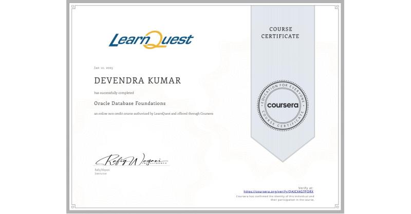 Completion Certificate for Oracle Database Foundations | Devendra Yadav Completion Certificate for Oracle Database Foundations | Devendra Yadav