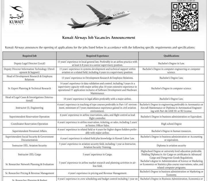 Kuwait Airways announces 28 vacancies for all nationalities in Kuwait ... Kuwait Airways announces 28 vacancies for all nationalities in Kuwait ...